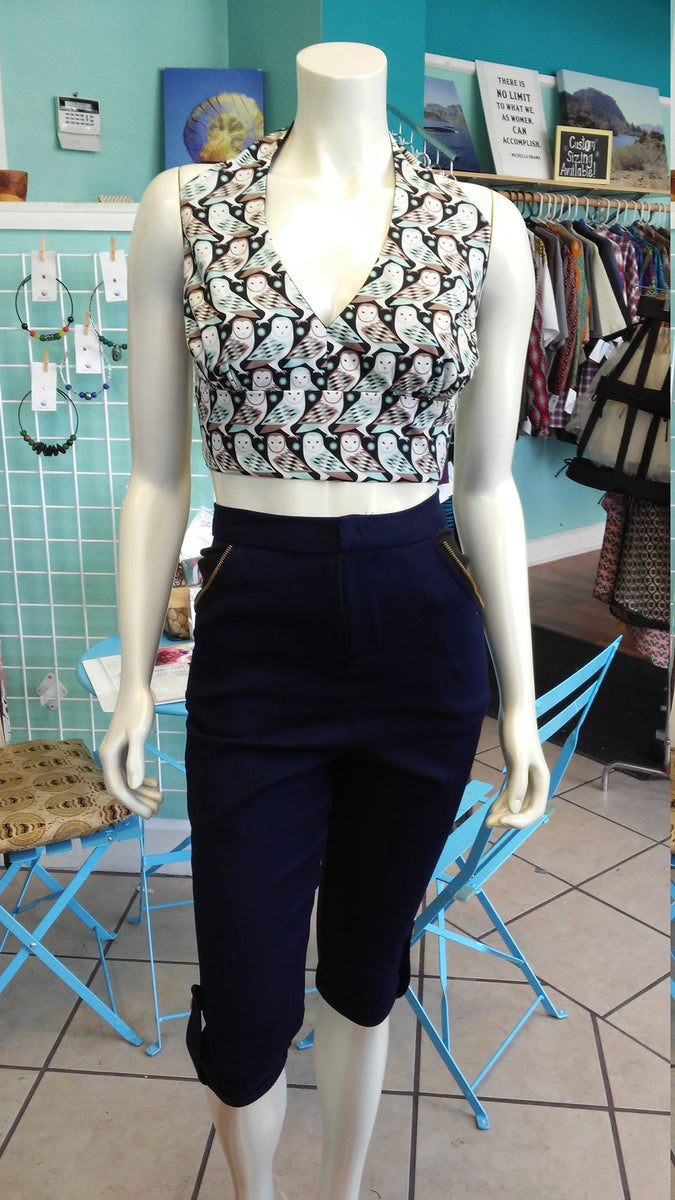 Flirty Midriff Halter in Owl Print Cotton – Tidal Cool