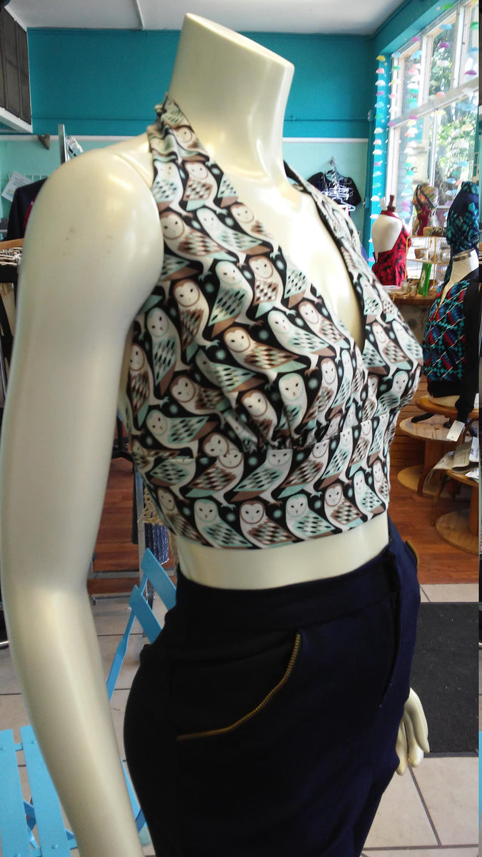 Flirty Midriff Halter in Owl Print Cotton – Tidal Cool